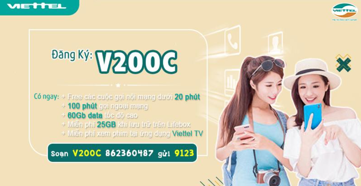 Gói V200C Viettel 200K Có 120Gb+ Free Gọi